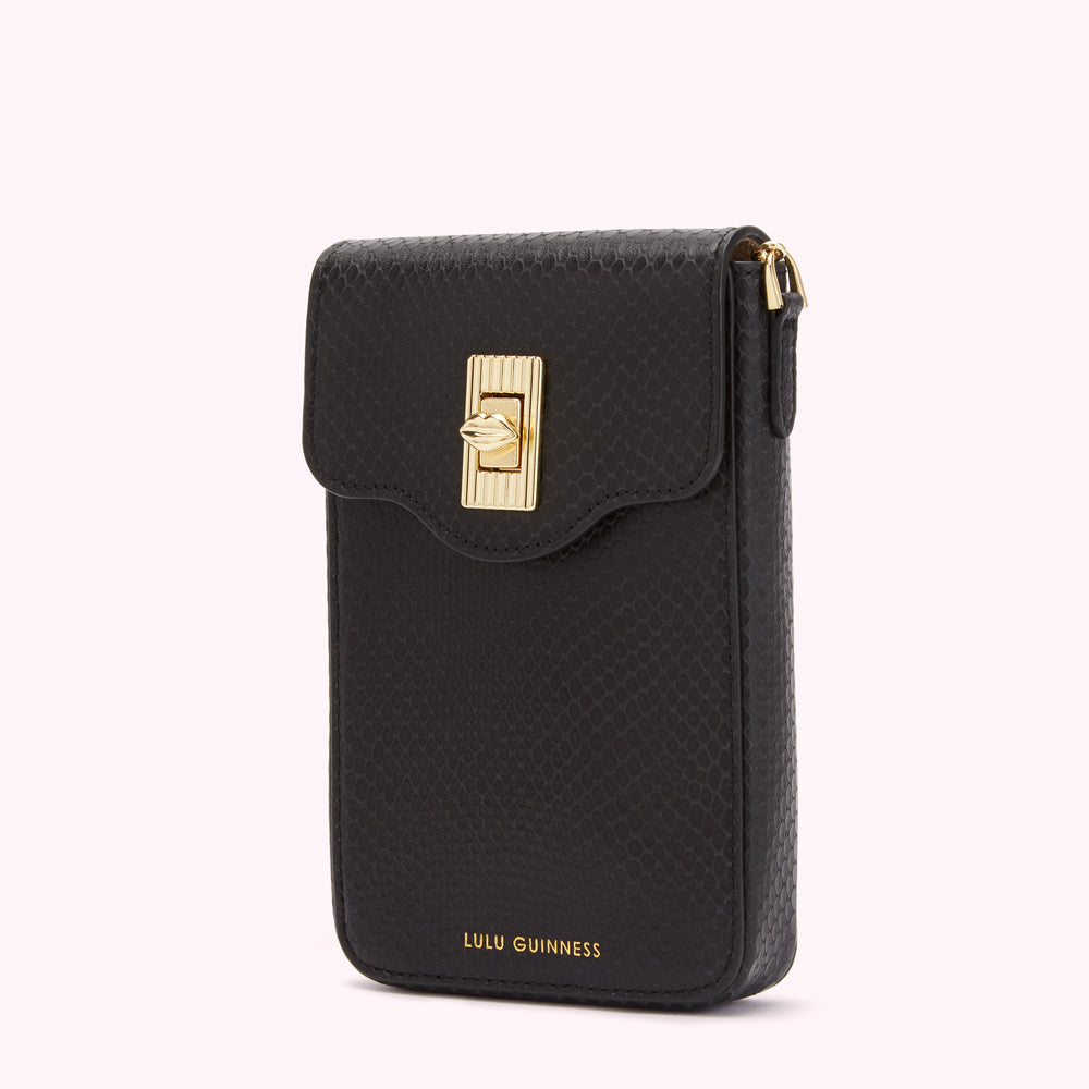 Black Snake Embossed Leather Rita Phone Crossbody Mini Bag